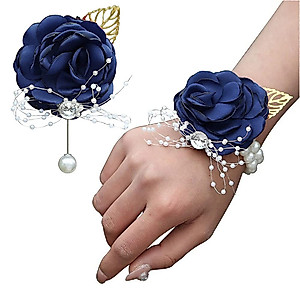 WANLIAN Wrist Corsage Rose Bridesmaid Wedding Flowers Prom Corsage And Boutonniere Set for Wedding Party Prom Groom Bridal (Navy blue)