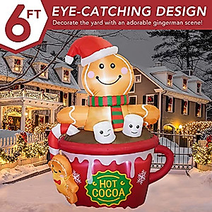 Funflatable 6 FT Christmas Inflatables Outdoor Decorations, Cute Christmas Blow Up Yard Decorations Gingerbread Man in Hot Cocoa Mug Scene for Garden Lawn Xmas Decor
