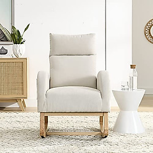 Antetek Rocking Glider Chair for Nursery, Modern Fabric Accent Rocker Chair Upholstered Tall Back Arm Chair w/Side Pockets, Modern Leisure Single Sofa for Living Room, Hotel, Bedroom, Office, Beige