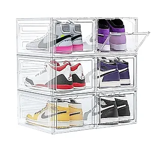 Upgrade Harder Solid Plastic Shoe Organizer, Shoe Storage with Magnetic Front Door, 6 Pack Shoe Boxes Clear Plastic Stackable, Sneaker Storage, Shoe Organizer for Closet, Shoe Display Case , White
