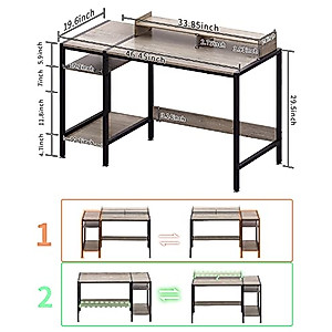 MINOSYS Computer Gaming Desk - 47" Home Office Desk with Storage, Writing Desk with Monitor Stand, Modern Simple Study Corner Table, Adjustable Storage Space, Gray