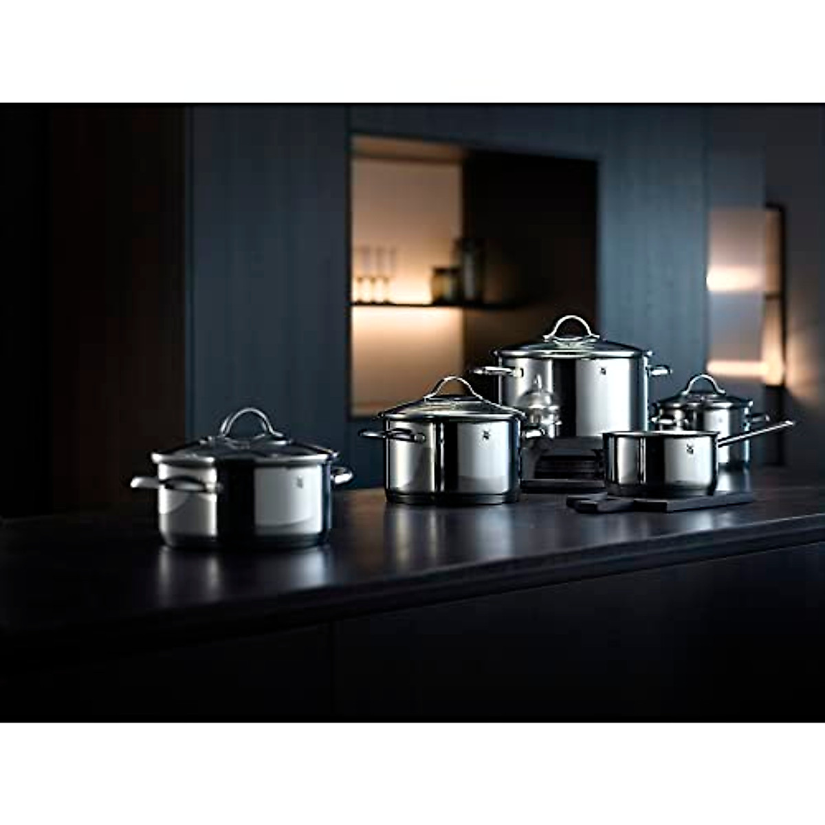 WMF Pot Set 4-Piece Provence Plus Pouring Rim Glass Lid Cromargan® Stainless Steel Polished Suitable for Induction Hobs Dishwasher-Safe, Silver, 52.7 x 28.8 x 21.8 cm