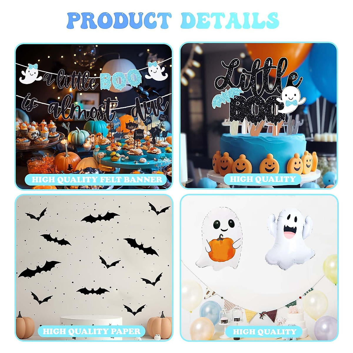 Fiesec Halloween Baby Shower Decorations for Boys Blue Orange Black, A Little Boo Is Almost Due Baby Shower Boy with Balloon Garland Arch Kit Banner Cake Cupcake Topper Ghost Bat Cutout