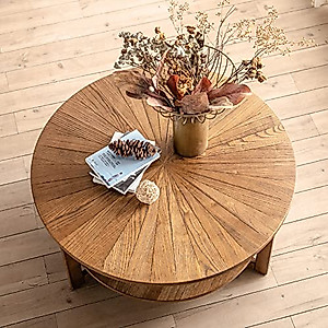 Gexpusm Round Coffee Table, Wood Coffee Tables for Living Room, Natural Wood Coffee Table with Storage, Center Large Circle Coffee Table, 35.3x35.3x17.8in