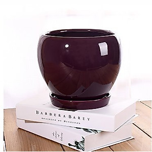 Ceramic Home/Garden Modern Flower Planter Pot with Saucer/Tray - Classic Round Apple Ball Shape Purple Color