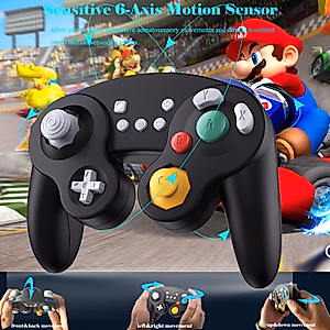 EXLENE Gamecube Controller Switch, Wireless Switch Pro Controller for Nintendo Switch/Lite/PC/Android/iOS/Steam, Support Wake Up, Motion, Adjustable Rumble, Turbo & Auto Turbo (Upgraded, Black)