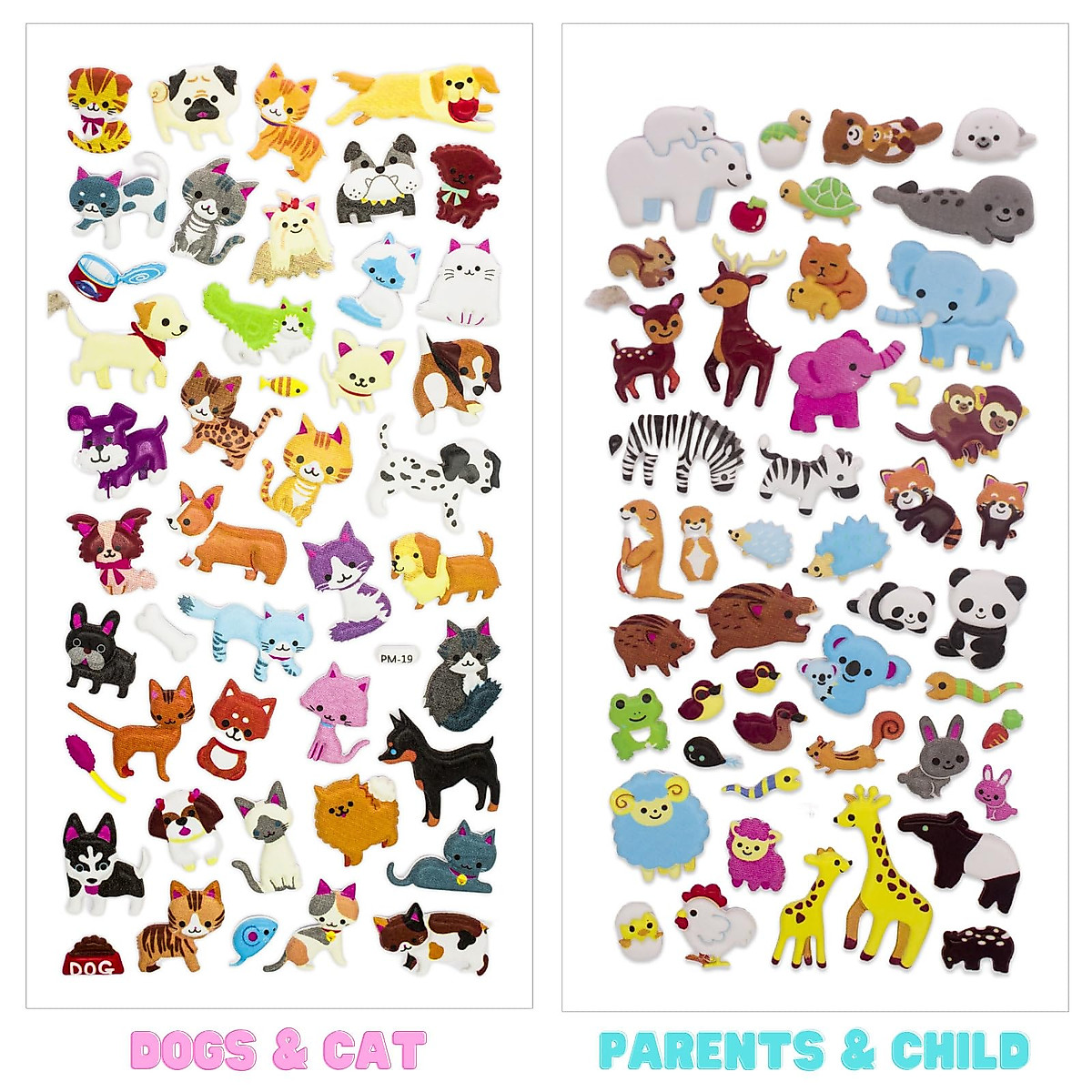 IMNEXT2U 3D Puffy Stickers for Kids Resuable Sticker for Toddler, Boys, Girls 4 Sheets - Mother Child Animals, Dogs, Cats, Elephant, Giraffe, Monkey, Sheep, Panda, Koala, Rabbit (Zoo)