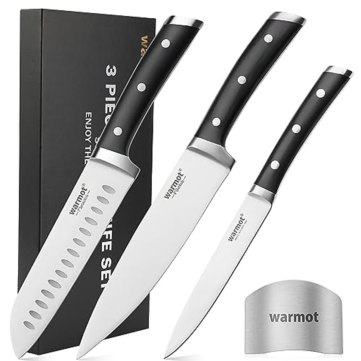 warmot Professional Kitchen Knife Set, 3 Pcs Chef Knife Set Sharp Knives Sets for Kitchen High Carbon Stainless Steel, Cooking Knife Triple Riveted Handle with finger protectors with Gift Box