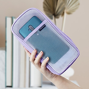 Fmeida Grid Mesh Pencil Case - Upgraded 4 Compartment Pencil Pouch, Clear Adult Pencil Bag Aesthetic Marker Pouch Stationary Bag Office Organizer for College Business Travel - Purple