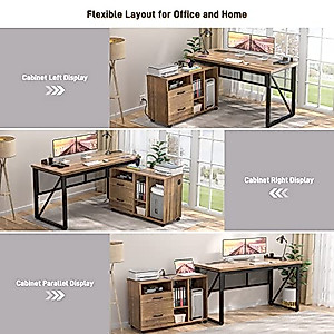 Unikito 55 Inch Executive Desk and Lateral File Cabinet, L Shaped Office Desk with Power Outlet and USB Port, Large Computer Table Home Office Furniture with Drawers and Storage Shelves, Rustic Walnut