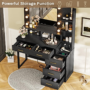 BTHFST Makeup Vanity with Lights and Charging Station, Black Vanity Desk with Mirror and Lights, Makeup Table with 5 Drawers and Shelves, Vanity Mirror with Lights Desk, Black Wood Grain
