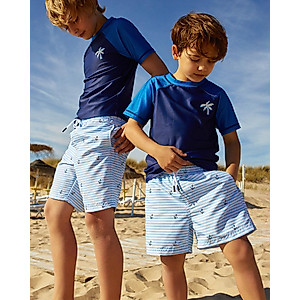 maamgic Boys Swim Trunks with Compression Liner Toddler Stretch Swim Shorts Quick Dry Swimming Trunks Boxer Brief 2 in 1 Beach Shorts White Blue Striped 5/6