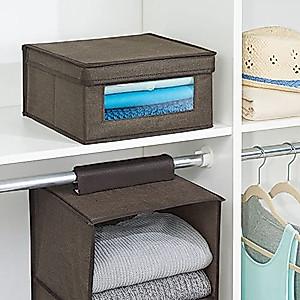mDesign Medium Fabric Stackable Closet Storage Organizer Bin Box with Front Window and Lid for Bedroom, Office, Mudroom Organization - Holds Clothes, Blankets, Linens, Lido Collection - Espresso Brown