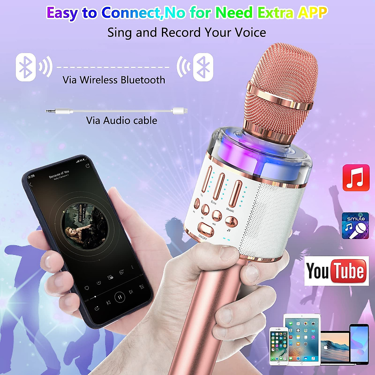Verkstar Karaoke Microphone, Handheld Bluetooth Wireless Karaoke Microphones for Adults Kids Portable Singing Speaker Mic with Colorful LED Lights for Christmas Birthday Gifts