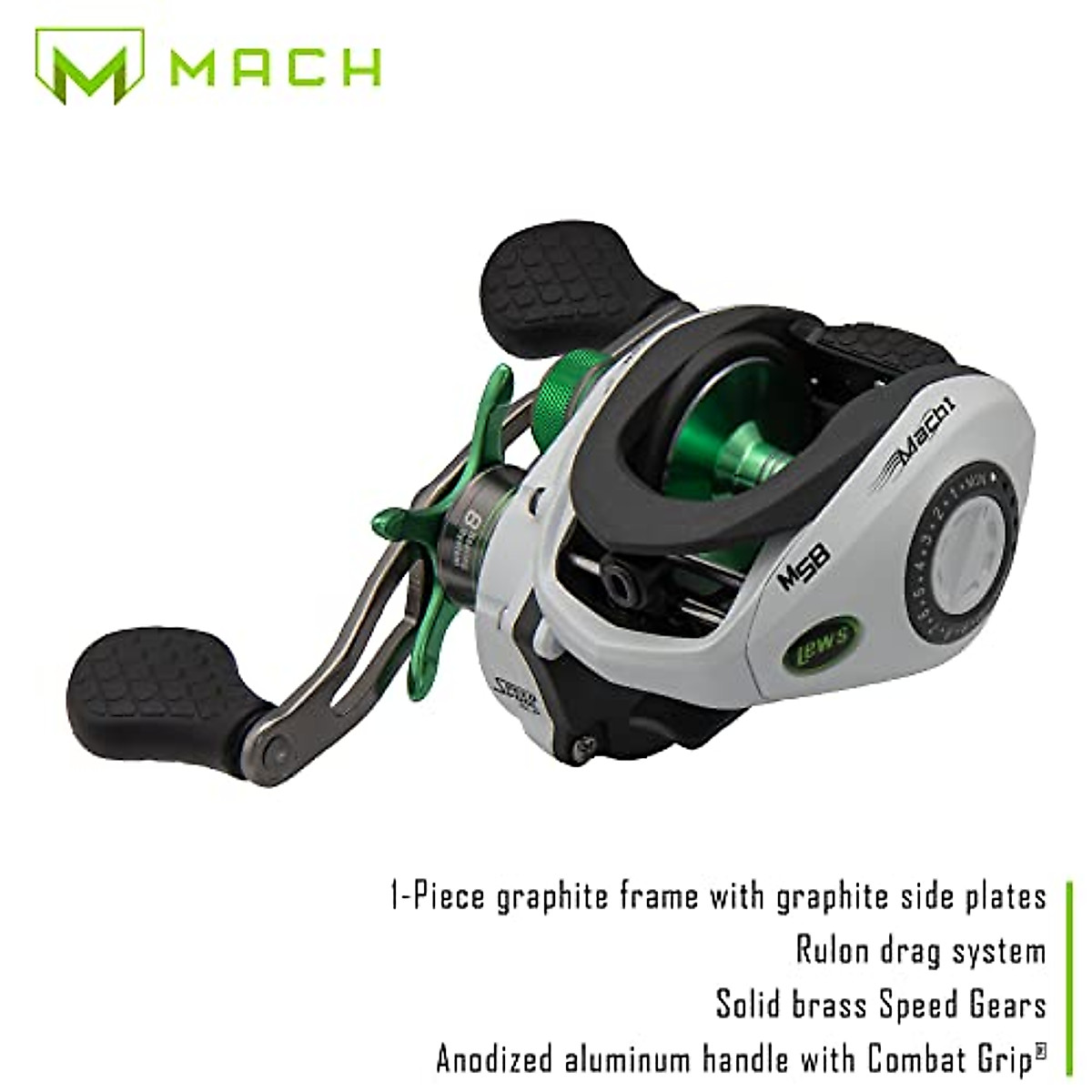Lew's Mach 1 SLP Baitcast Reel and Fishing Rod Combo, 7-Foot 2-Inch 1-Piece Graphite Rod Blank with Split Grip EVA Handle, One-Piece Graphite Frame, Right-Hand Retrieve, Silver/Green