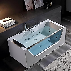 Empava 59 in. Acrylic Alcove Whirlpool Bathtub - Hydromassage Rectangular Jetted Soaking Tub with Center Drain - Waterfall Faucet