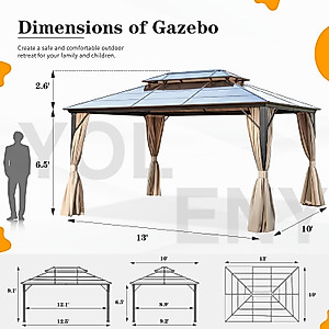 YOLENY 10'x13' Hardtop Gazebo, Outdoor Polycarbonate Double Roof Canopy, Aluminum Frame Permanent Pavilion with Curtains and Netting, Sunshade for Garden, Patio, Lawns