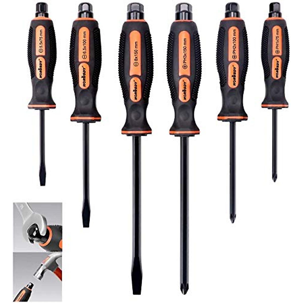 HORUSDY 6-Pieces Magnetic Screwdriver Set, 3 Phillips and 3 Flat Head Tips Screwdriver for Fastening, Chiselling and Loosening Seized Screws (New Screwdriver Set)