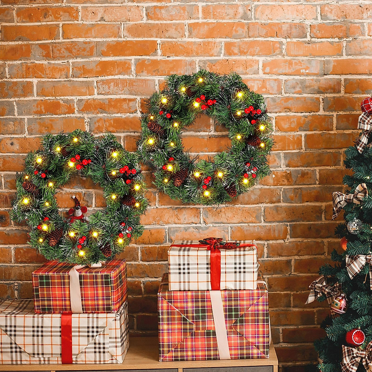 Karenhi 6 Pcs Pre Lit Artificial Christmas Wreath 15 Inch Christmas Wreaths for Front Door with Warm White LEDs Lights Battery Operated Spruce Lighted Wreath for Holiday Party Outdoor Decorations