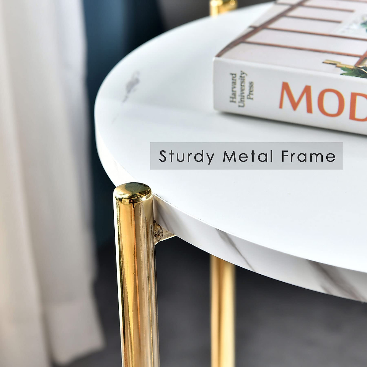 Gold End Table Faux Marble Side Table Small Round Nightstand for Living Room or Bedroom Modern Accent Table with Gold Metal Frame