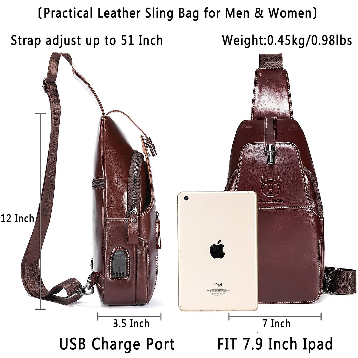 BULLCAPTAIN Genuine Leather Sling Bag Mens Crossbody Backpack for Hiking Casual Daypack Shoulder Chest Bag with USB Charging Port (Coffee)