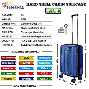 DON PEREGRINO Carry on Luggage 22x14x9 Airline Approved Suitcase with TSA Lock & USB Charger, Hardside Carry on Suitcase with 4 Double Wheels, 5.7lb Lightweight Maletas de Viaje