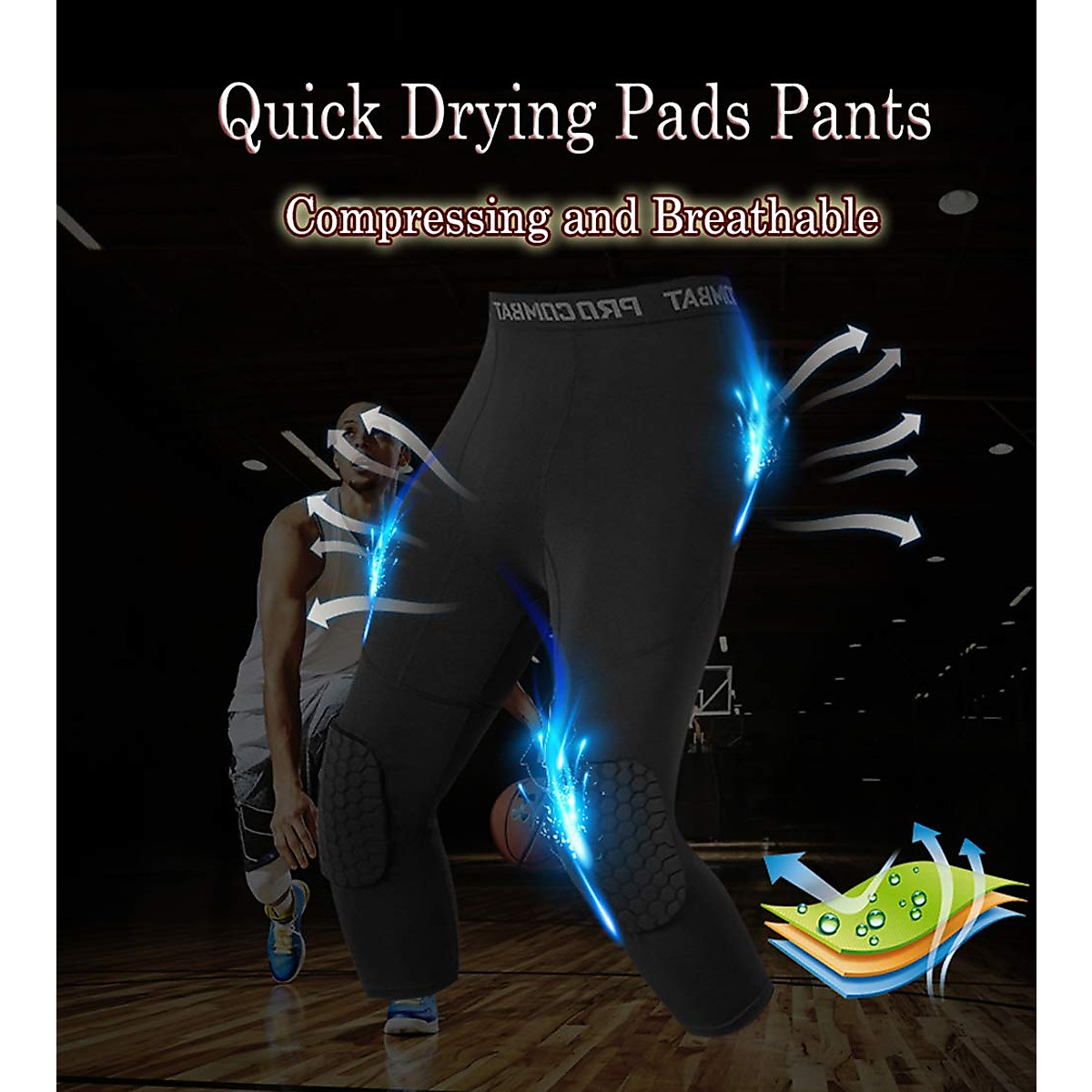 Unlimit Basketball Pants with Knee Pads, Black Basketball Knee Pads Within Basketball Compression Pants, 3/4 Capri Compression Tights Leggings for Youth, Men and Women (XL)