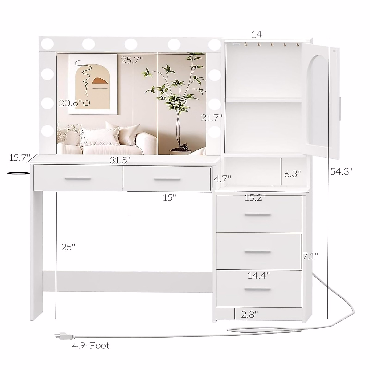 Irontar Vanity Desk with Charging Station, 46.7''L Makeup Vanity Table with Open Shelves & 5 Hooks, Dressing Desk with Drawers, Makeup Table with Side Drawer Cabinet, White WDT013W