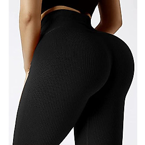 MOSHENGQI Womens High Waisted Seamless Ribbed Leggings Soft Slimming Yoga Pants(M,00-Black)