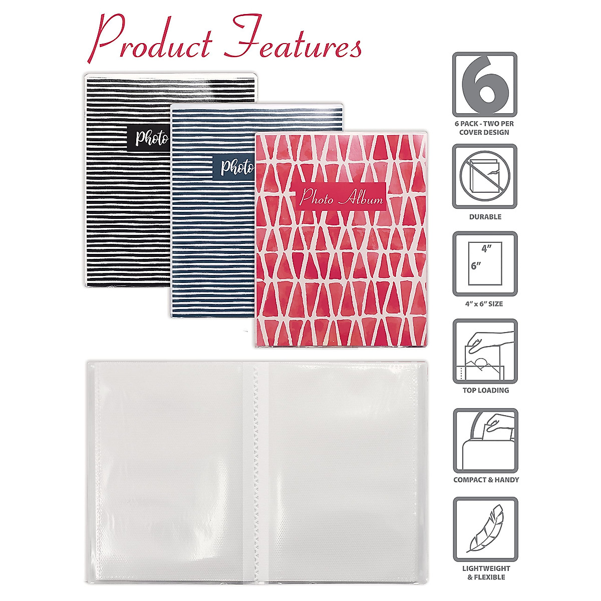 Better Office Products 36 Photo Mini Photo Album, 4 x 6 Inch, Pack of 6, Flexible Cover with Removable Decorative Inserts, Clear View Front Cover, 6 Pack