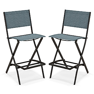 Tangkula Outdoor Barstools Set of 2, Counter Height Folding Bar Chairs with Back and Footrest, Versatile Patio Dining Chairs with Breathable Fabric & Heavy-Duty Metal Frame (2, Bluish-Grey)