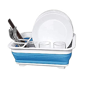 Collapsible Dish Drying Rack with Drainer Board Set Portable Dish Drainers for Small Kitchen Camper RV Caravan Travel Trailer (Blue)
