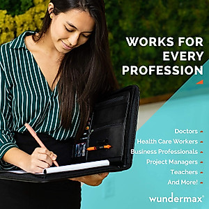 Wundermax Portfolio Binder - 13 x 10.7 x 1.9 Inch, Vegan Leather, 3-Ring Padfolio for Women and Men w/Handle, Zipper, Notepad, Detachable Binder and Pockets for Tablet, Resume and Documents - Black