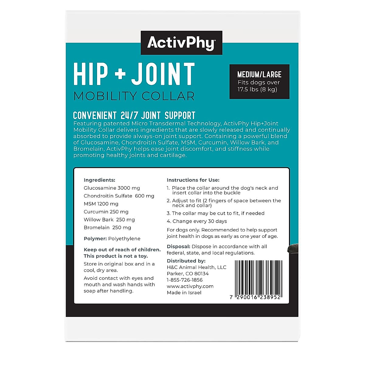 ACTIVPHY Hip + Joint Mobility Collar for Dogs with Glucosamine, Chondroitin, MSM, and More | Convenient & Easy | 30 Days of Continuous Support | Water Resistant (Med/Large)