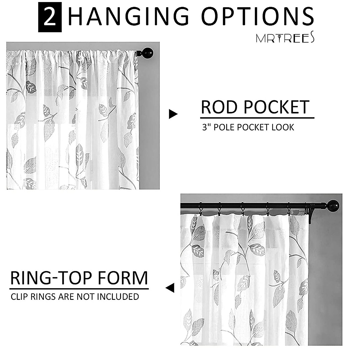 MRTREES Voile Sheer Curtain Panels, Sheer Curtains Drapes Rod Pocket, Flower Printed Embroidery Window Curtain Treatments for Bedroom Living Room Bathroom Window(2 Panels, 54x63 Inches, Grey)