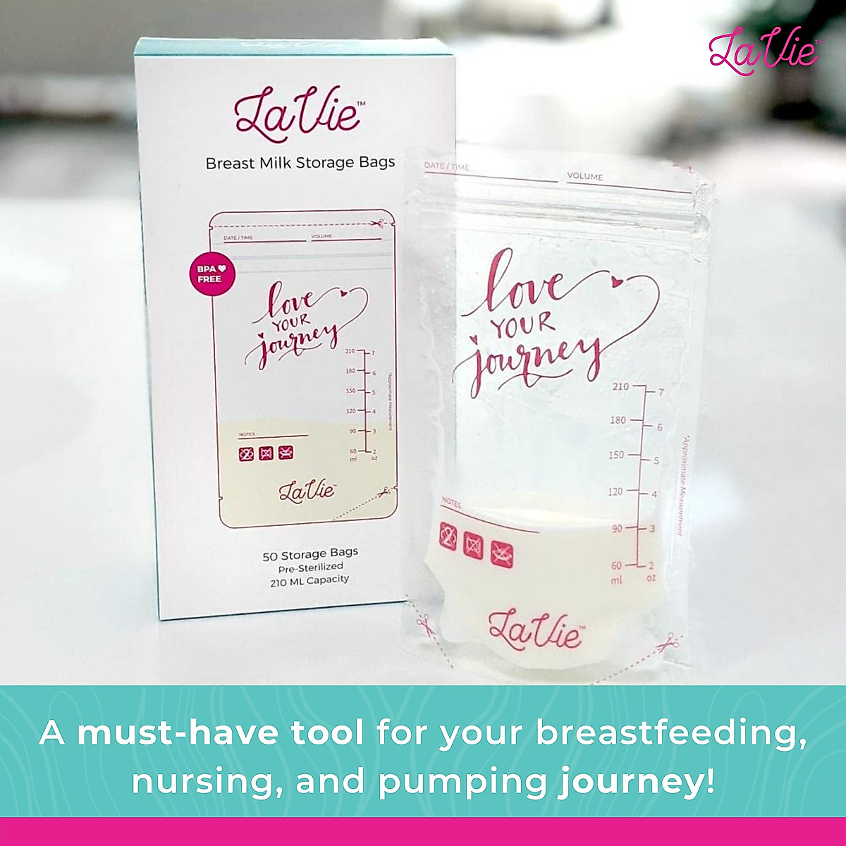 LaVie Breast Milk Storage Bags, 50 Count, 7 Ounce, Pre-Sterilized Breast Milk Containers, Leak-Proof, Space Saving, Self Standing for Refrigerating or Freezing Breast Milk (Pink)