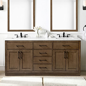 OVE Decors Maya Plus 72 in. Double Sink Bathroom Vanity in Almond Latte Finish, Black Hardware and Included Power Bar