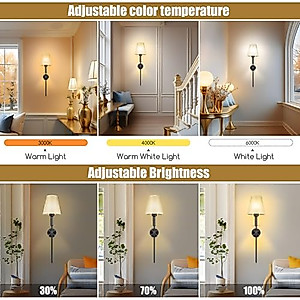 LAMPYLIFE Battery Operated Wall Sconce Set of 2 Two, Wireless Wall Sconces with Remote and Dimmable Detachable Bulbs, Rechargeable Battery Sconces Wall Decor for Bedroom Living Room Hallway (Black)