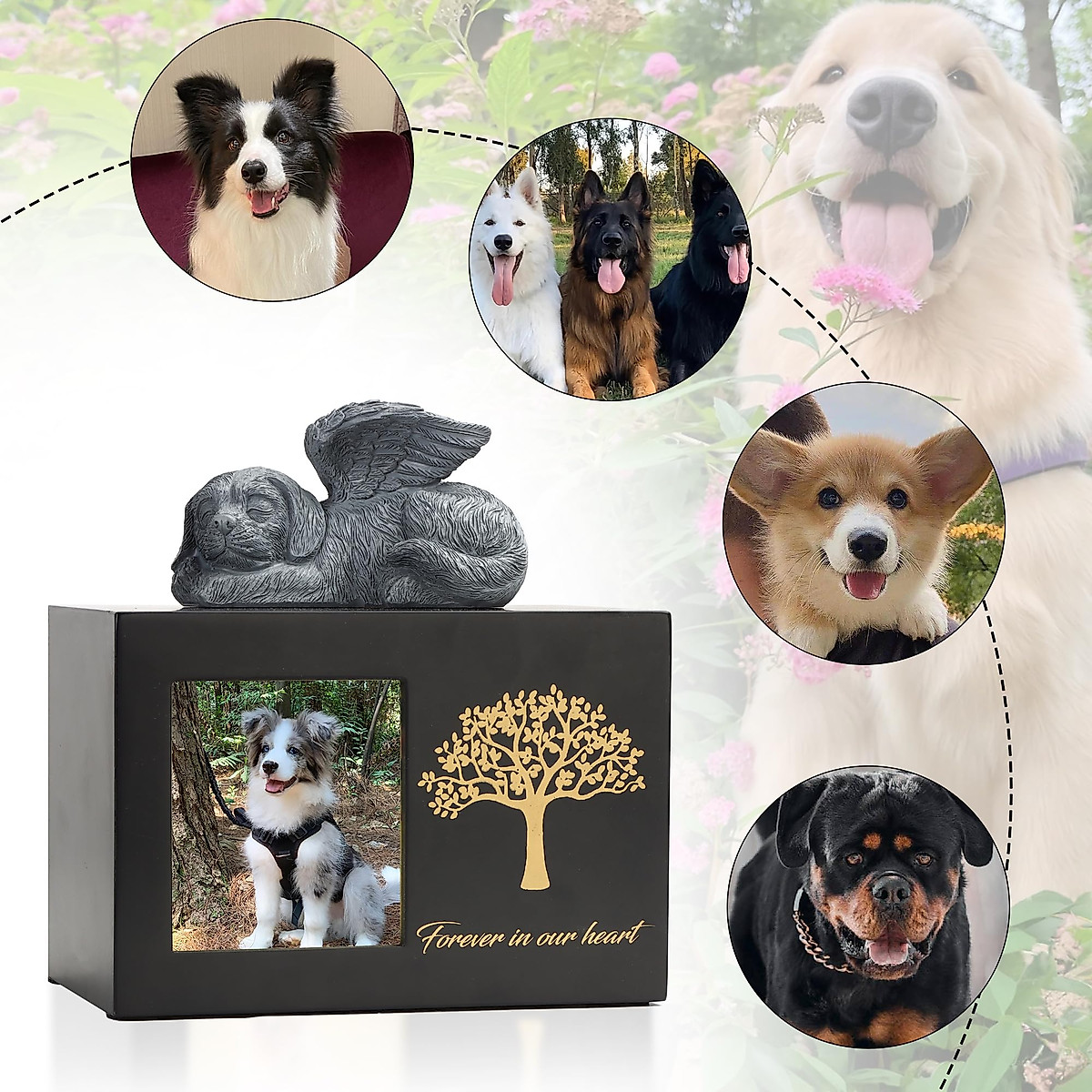 The7boX Pet Urn Dog Ashes Box Wooden Black Dog Urns for Ashes Comes with Dog Angel and Ashes Bag