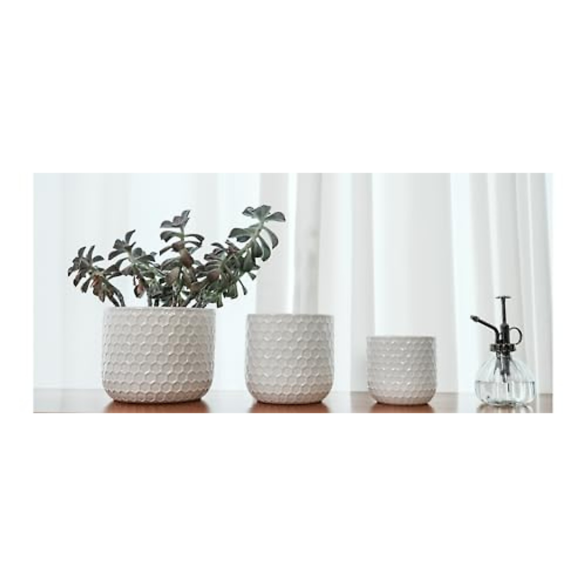Docrin Ceramic Plant Pots Indoor: 6.5+5.3+4 Inch Planters with Drainage Holes for Home/Office - Set of 3 / White Honeycomb
