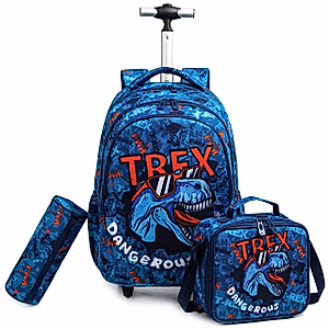 Egchescebo Boys Rolling Backpacks Kids Backpack with Wheels for School Bags Luggage With Wheels Trolley Wheeled Backpacks 3PCS 16“ Dinosaur Travel Bags Boys With Lunch Box Blue