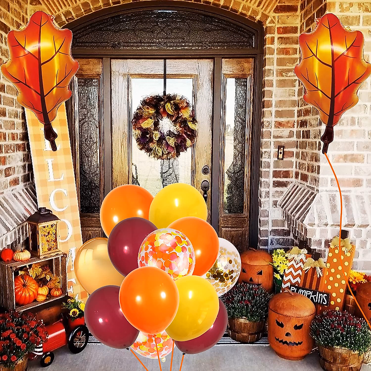 62 PCS Maple Leaves Fall Balloons, 12 Inch Orange Yellow Burgundy Gold and Confetti Balloons with Maple Leaves Foil Balloons for Fall Theme Thanksging Day Party Decoration
