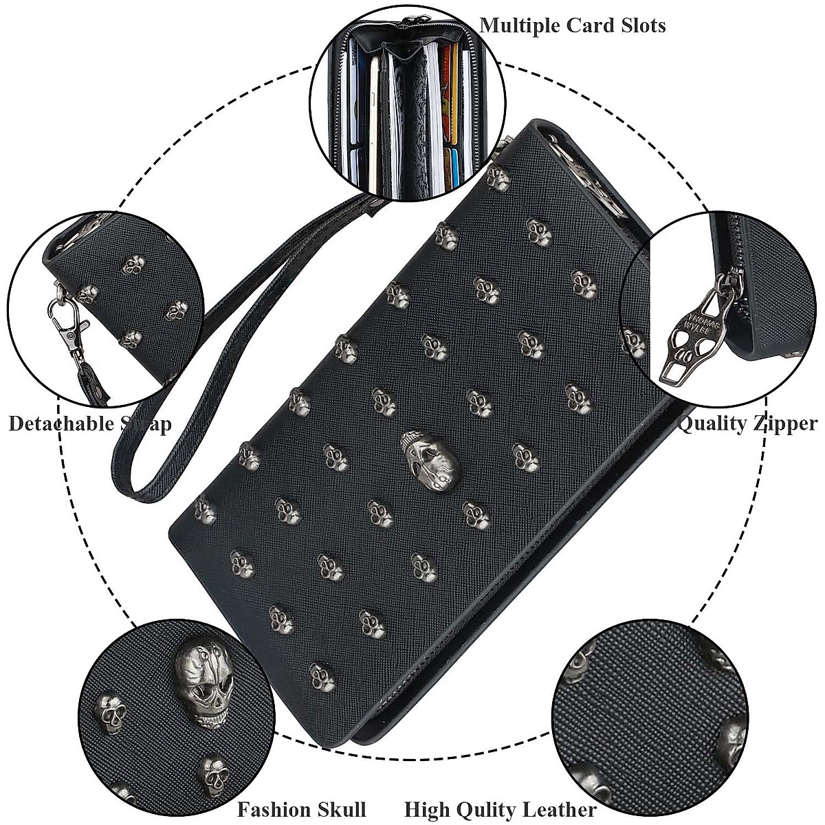 Women's Wallet Large PU Leather Clutch Purse Punk Studded Skull Ladies Wallet Credit Card Holder Organizer Wristlet (Skull)