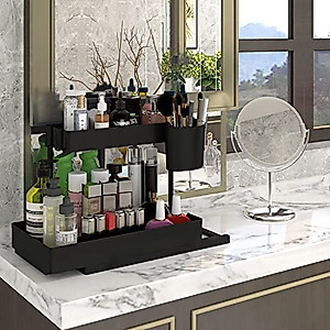 FUNXIM Under Sink Organizer, Under Sink Organizers And Storage, 2 Tier Slide Out Sink Shelf Cabinet Storage Shelves, Multi-Purpose Kitchen Bathroom Sink Organizer, With Organization And Storage Hooks