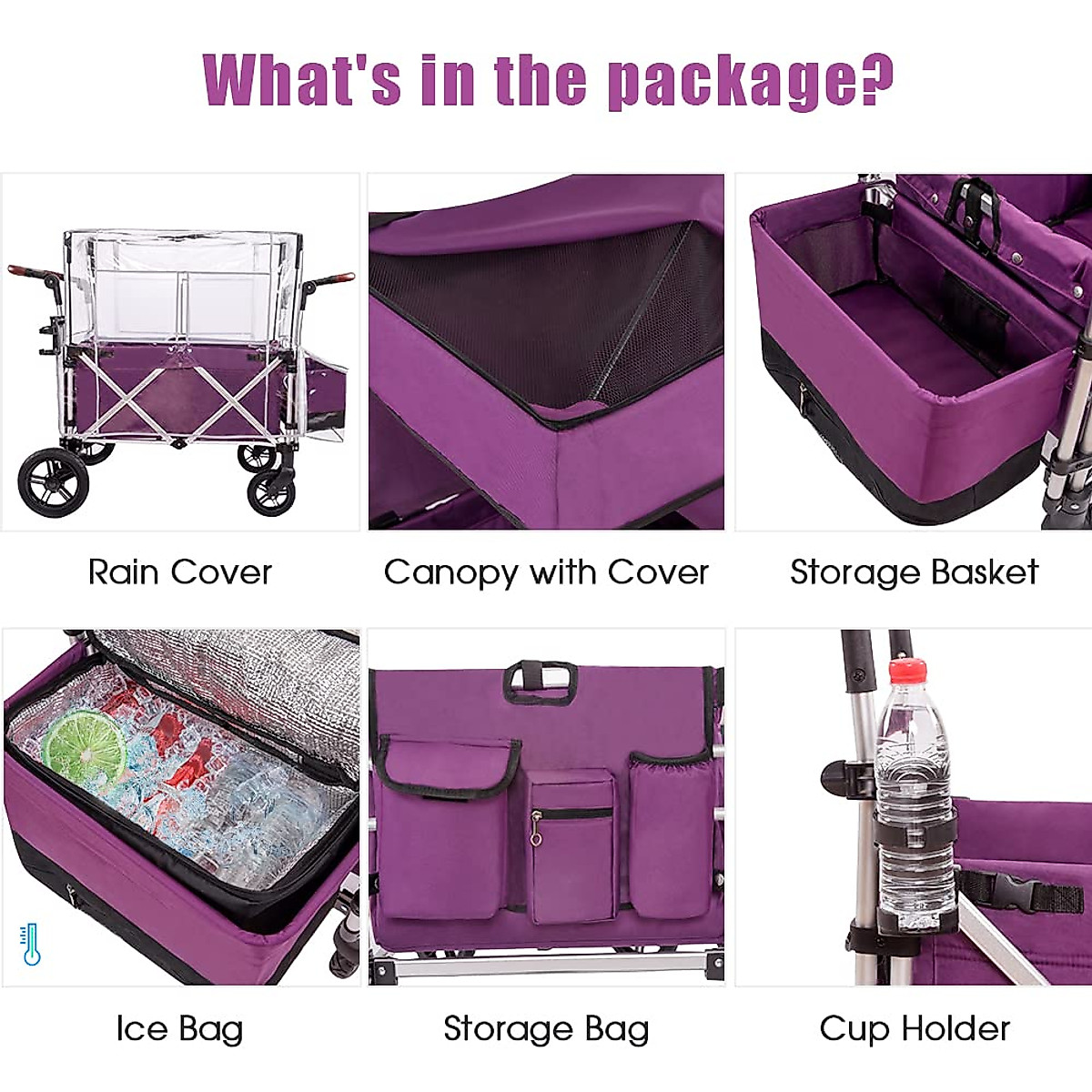 Unichart Push Wagon Stroller 2 Passenger Flodable Baby Stroller with Adjustable Handle Bars, Rain Cover, Carrying Bags & Basket, Double Seats with 5-Point Harness(Large, Purple)