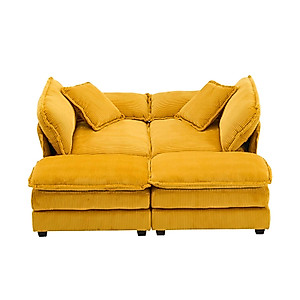 Chaise Longue Indoor with Movable Ottoman, 84.6" Modern Corduroy Loveseat Lounge Sofa Chair with Deep Seat, Upholstered L Shaped Modular Sectional Sofa Couches for Living Room, Apartment, Yellow