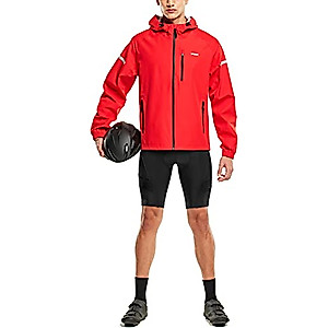 TSLA Men's Cycling Waterproof Jacket, Reflective Hoodie Windbreaker, Packable Bike Rain Jackets with Back Pocket, Cycling Red, Large