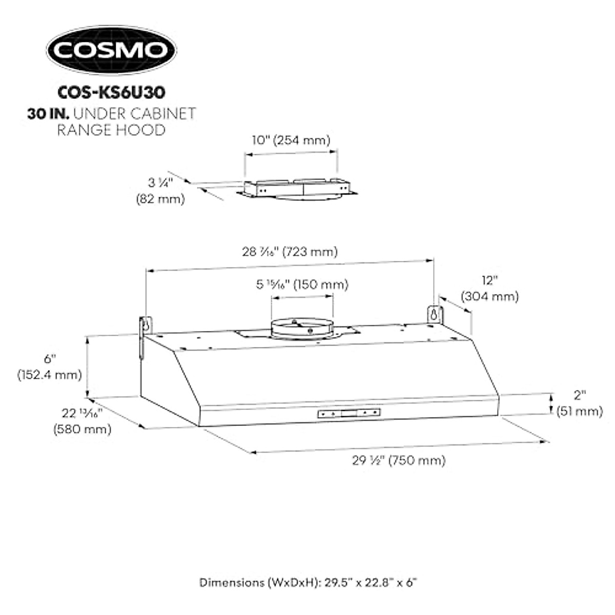 COSMO COS-KS6U30 30 in. Haven Collection 500 CFM Ducted Under Cabinet Range Hood, Touch Controls, LED Lights, Stainless Steel, 30 inch