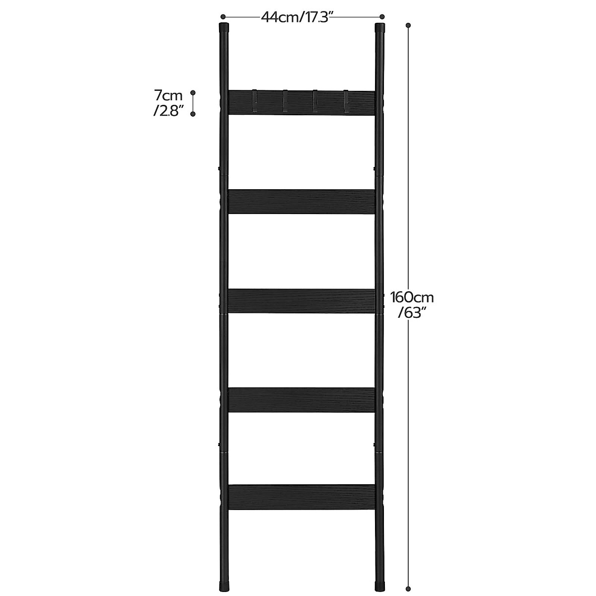 HOOBRO Blanket Ladder, 5-Tier Towel Rack with Hooks, Wall-Leaning Blanket Rack, Decorative Display Ladder Shelf, Scarves, Industrial, Living Room, Bedroom, Black BB52CJ01