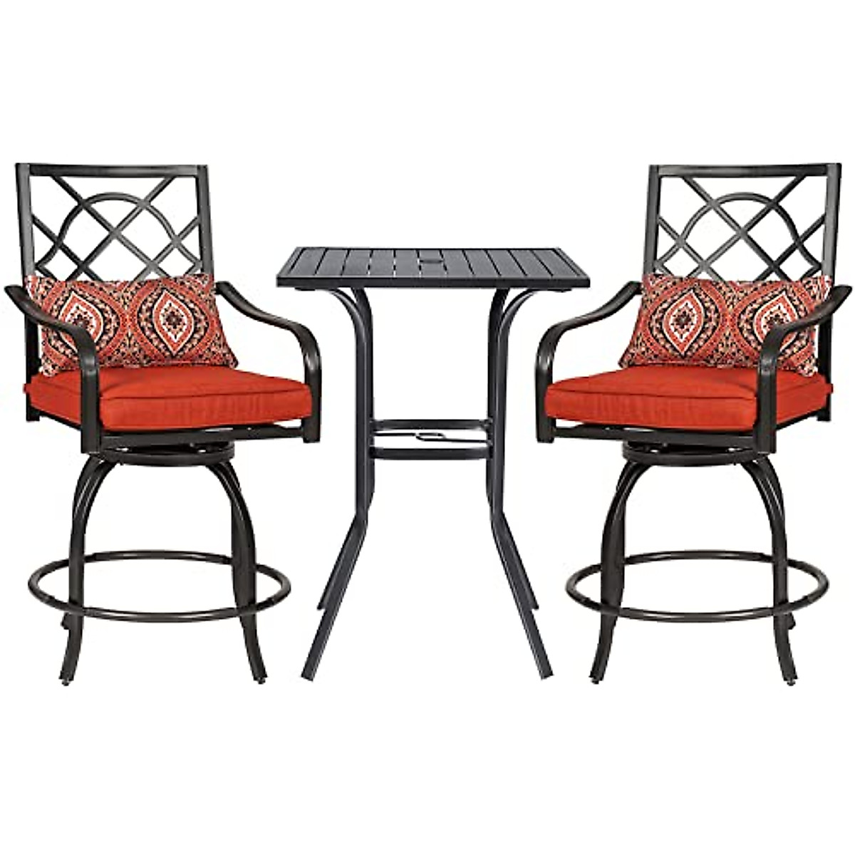 Omelaza 3 Pcs Patio Swivel Bar Stools Set, Outdoor Bar Height Bistro Chairs Set with 2 Cushioned Chairs & 1 Square Bistro Table, Backyard, Lawn, Garden, Black